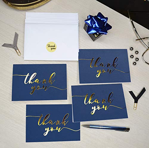 100 Thank You Cards in Navy Blue with Envelopes and Stickers - Bulk Notes Embossed with Gold Foil Letters for Weddings, Graduations, Engagements, Business, Formal, 4x6 Inch