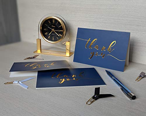 100 Thank You Cards in Navy Blue with Envelopes and Stickers - Bulk Notes Embossed with Gold Foil Letters for Weddings, Graduations, Engagements, Business, Formal, 4x6 Inch