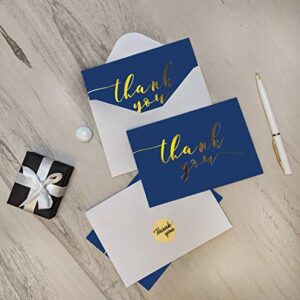 100 Thank You Cards in Navy Blue with Envelopes and Stickers - Bulk Notes Embossed with Gold Foil Letters for Weddings, Graduations, Engagements, Business, Formal, 4x6 Inch