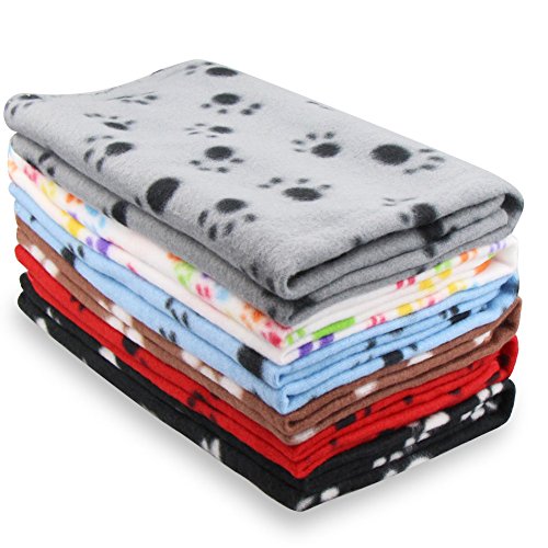 Eagmak Cute Dog Cat Fleece Blankets with Paw Prints for Kitten Puppy and Small Animals Pack of 6 (Black, Brown, Blue, Grey, red and White)