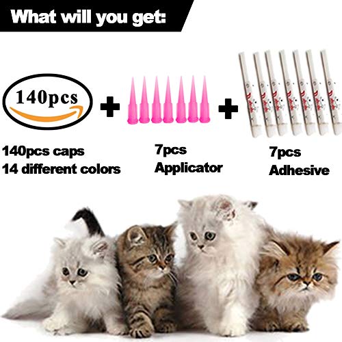 JOYJULY 140pcs Pet Cat Kitty Soft Claws Caps Control Soft Paws of 4 Glitter Colors, 10 Colorful Cat Nail Caps Covers + 7 Adhesive Glue+7 Applicator with Instruction, Medium M