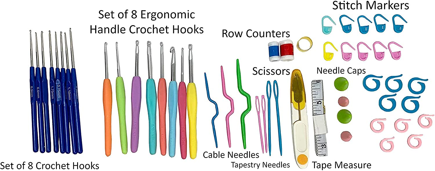 Designer Stitch Happy Crocheting Kit: 52 Piece Crochet Kit for Beginners & 7 Pocket Yarn Bag, Signature Yarn Storage - Angel