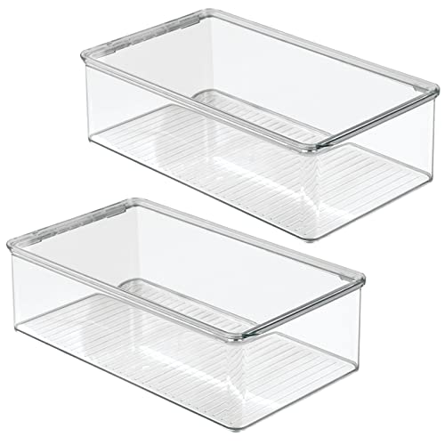 mDesign Plastic Playroom/Game Organizer Box Containers with Hinged Lid for Shelves or Cubbies, Holds Toys, Building Blocks, Puzzles, Markers, Controllers, or Crayons, Ligne Collection, 2 Pack, Clear