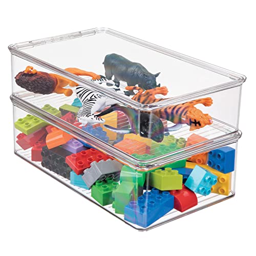 mDesign Plastic Playroom/Game Organizer Box Containers with Hinged Lid for Shelves or Cubbies, Holds Toys, Building Blocks, Puzzles, Markers, Controllers, or Crayons, Ligne Collection, 2 Pack, Clear