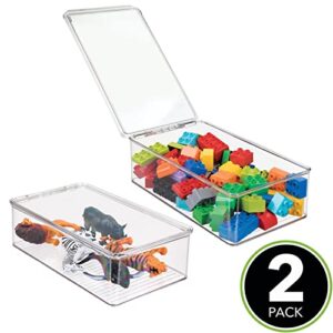 mDesign Plastic Playroom/Game Organizer Box Containers with Hinged Lid for Shelves or Cubbies, Holds Toys, Building Blocks, Puzzles, Markers, Controllers, or Crayons, Ligne Collection, 2 Pack, Clear