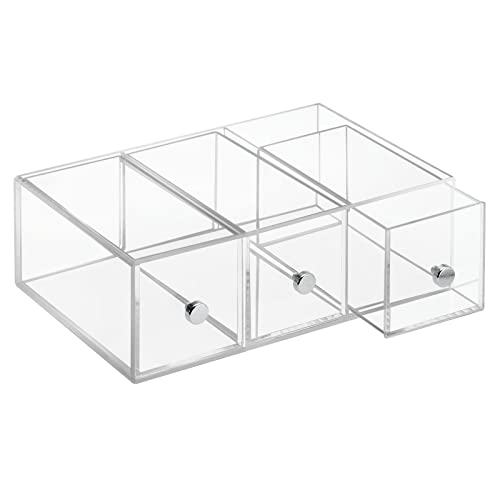 mDesign Plastic Kitchen Pantry Stackable Storage Organizer Container Station with 3 Drawers for Cabinet, Countertop, Holds Coffee, Tea, Sugar Packets, Creamers - Lumiere Collection - 2 Pack - Clear