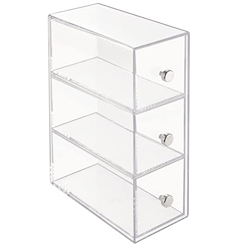 mDesign Plastic Kitchen Pantry Stackable Storage Organizer Container Station with 3 Drawers for Cabinet, Countertop, Holds Coffee, Tea, Sugar Packets, Creamers - Lumiere Collection - 2 Pack - Clear