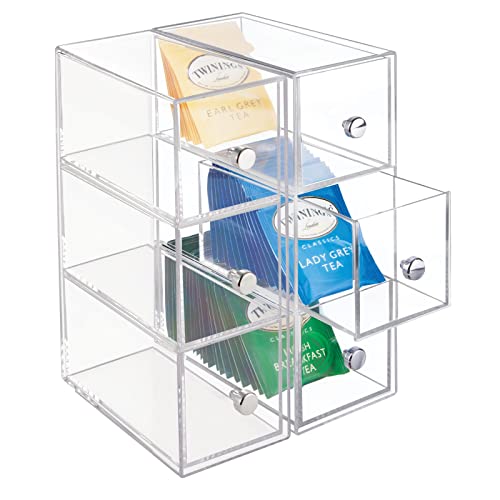 mDesign Plastic Kitchen Pantry Stackable Storage Organizer Container Station with 3 Drawers for Cabinet, Countertop, Holds Coffee, Tea, Sugar Packets, Creamers - Lumiere Collection - 2 Pack - Clear