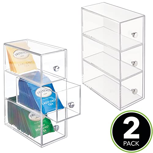 mDesign Plastic Kitchen Pantry Stackable Storage Organizer Container Station with 3 Drawers for Cabinet, Countertop, Holds Coffee, Tea, Sugar Packets, Creamers - Lumiere Collection - 2 Pack - Clear