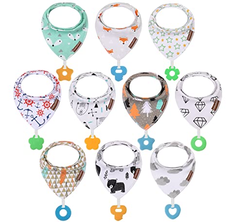 vuminbox Baby Bandana Drool Bibs and Teething Toys Made with 100% Organic Cotton, Absorbent and Soft (10-Pack Unisex)