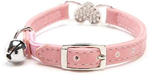 CHUKCHI Pink Soft Velvet Safe Cat Adjustable Collar with Crystal Heart Charm and Bells 8-11 Inches(Black+Pink)