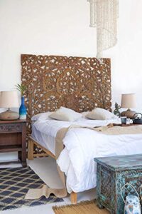 balinese hand carved king size bed headboard reclaimed wooden panels artwork handmade painted in chiang mai thailand 72 inches