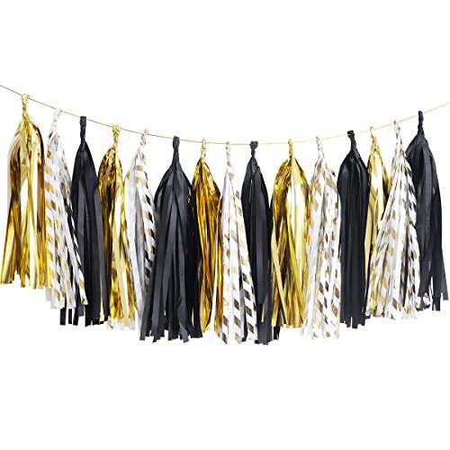 NICROLANDEE Black & Gold Party Decorations, 15Pcs Black Gold Tissue Paper Tassel Garland for Wedding, Graduation, Birthday, Bridal Shower, Bachelorette Party, Prom Night, New Years Eve Party Supplies