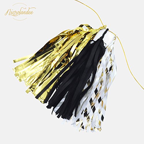 NICROLANDEE Black & Gold Party Decorations, 15Pcs Black Gold Tissue Paper Tassel Garland for Wedding, Graduation, Birthday, Bridal Shower, Bachelorette Party, Prom Night, New Years Eve Party Supplies