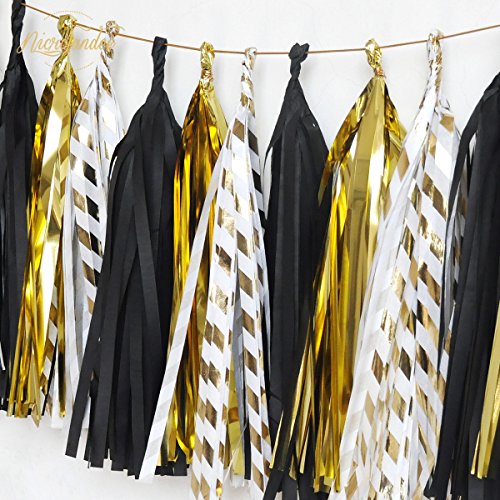 NICROLANDEE Black & Gold Party Decorations, 15Pcs Black Gold Tissue Paper Tassel Garland for Wedding, Graduation, Birthday, Bridal Shower, Bachelorette Party, Prom Night, New Years Eve Party Supplies