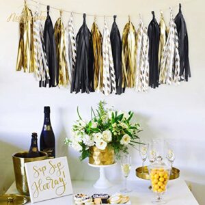 NICROLANDEE Black & Gold Party Decorations, 15Pcs Black Gold Tissue Paper Tassel Garland for Wedding, Graduation, Birthday, Bridal Shower, Bachelorette Party, Prom Night, New Years Eve Party Supplies