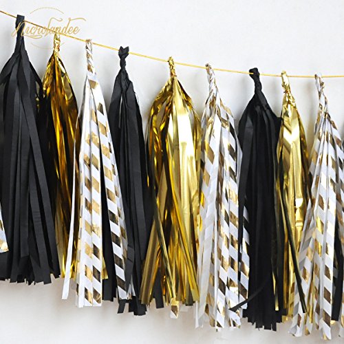 NICROLANDEE Black & Gold Party Decorations, 15Pcs Black Gold Tissue Paper Tassel Garland for Wedding, Graduation, Birthday, Bridal Shower, Bachelorette Party, Prom Night, New Years Eve Party Supplies