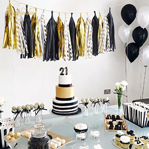 NICROLANDEE Black & Gold Party Decorations, 15Pcs Black Gold Tissue Paper Tassel Garland for Wedding, Graduation, Birthday, Bridal Shower, Bachelorette Party, Prom Night, New Years Eve Party Supplies