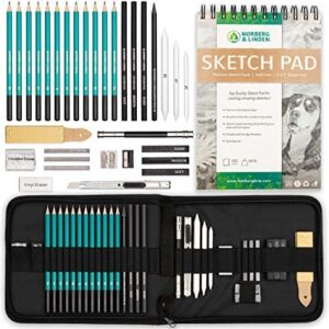 norberg & linden xl drawing set - sketching, graphite and charcoal pencils. includes 100 page drawing pad, kneaded eraser, blending stump. art kit and supplies for kids, teens and adults.