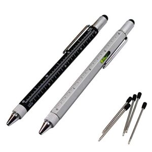 2pcs pack 6 in 1 screwdriver tool pen - mini multifunction pen with stylus, flat and phillips screwdriver bit, bubble level and inch cm ruler all in one (model b, black & grey)