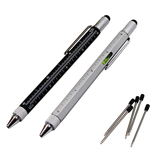 2PCS PACK 6 in 1 Screwdriver Tool Pen - Mini Multifunction Pen with Stylus, Flat and Phillips Screwdriver Bit, Bubble Level and inch cm Ruler all in one (Model B, BLACK & GREY)