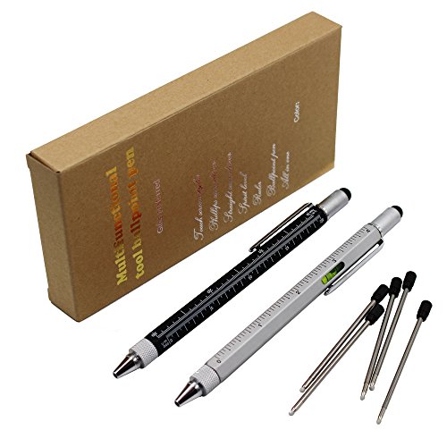 2PCS PACK 6 in 1 Screwdriver Tool Pen - Mini Multifunction Pen with Stylus, Flat and Phillips Screwdriver Bit, Bubble Level and inch cm Ruler all in one (Model B, BLACK & GREY)