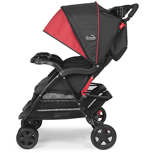 Kolcraft Cloud Plus Side-by-Side Lightweight Double Baby Stroller and Toddler Stroller with Reclining Seats, Child and Parent Trays, Large Storage, Extendable Canopies, Compact Fold - Red/Black