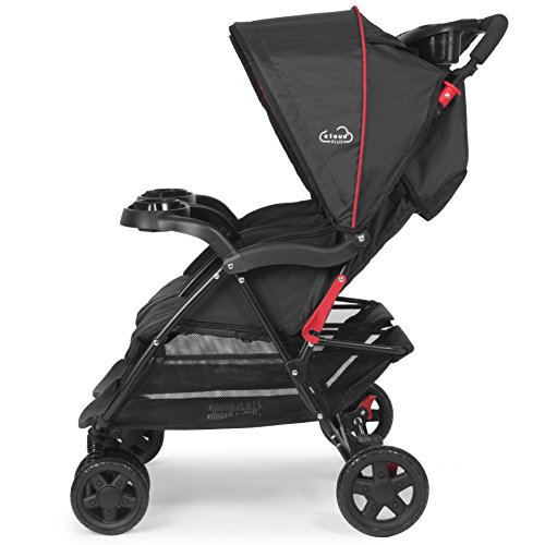 Kolcraft Cloud Plus Side-by-Side Lightweight Double Baby Stroller and Toddler Stroller with Reclining Seats, Child and Parent Trays, Large Storage, Extendable Canopies, Compact Fold - Red/Black