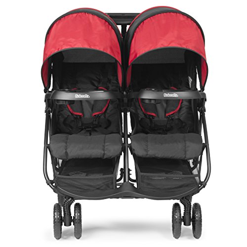 Kolcraft Cloud Plus Side-by-Side Lightweight Double Baby Stroller and Toddler Stroller with Reclining Seats, Child and Parent Trays, Large Storage, Extendable Canopies, Compact Fold - Red/Black