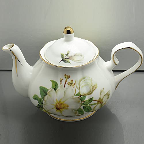 Jomop Ceramic Tea Pot Floral Design White 3-4 Cups 850 ml (Green)