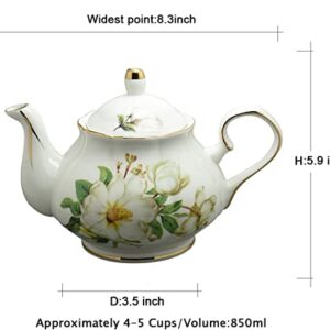 Jomop Ceramic Tea Pot Floral Design White 3-4 Cups 850 ml (Green)