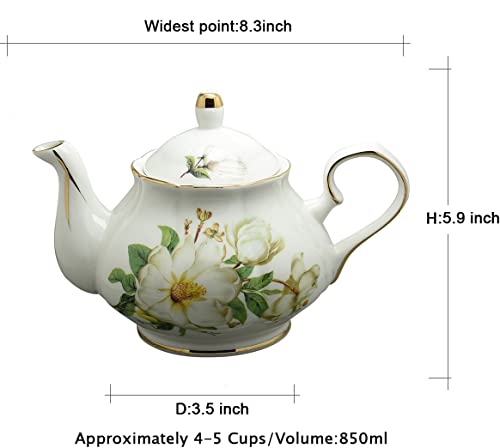 Jomop Ceramic Tea Pot Floral Design White 3-4 Cups 850 ml (Green)