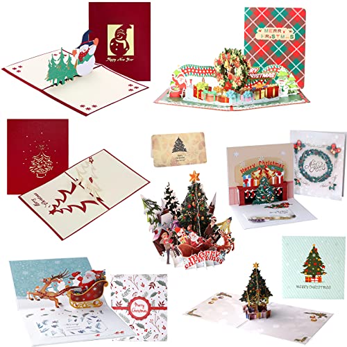 BTOOP 7Pcs 3D Pop Up Colorful Christmas Greeting Cards Merry Christmas Cards Handmade Holiday Xmas Cards & Envelopes for Xmas/New Year