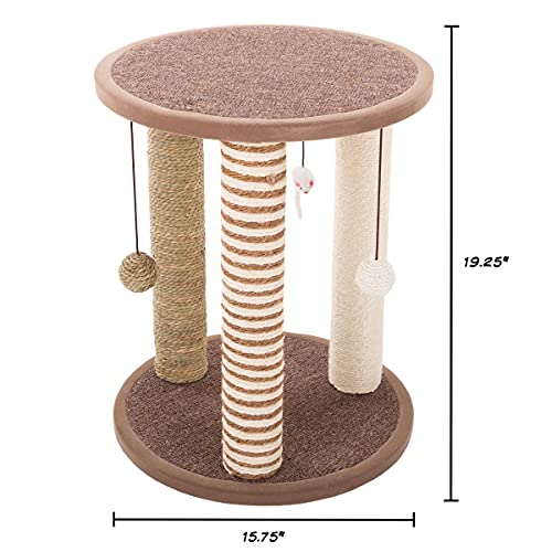 Cat Scratching Post - 3 Scratcher Posts with Carpeted Base Play Area and Perch - Furniture Scratching Deterrent for Indoor Cats by PETMAKER (Brown)