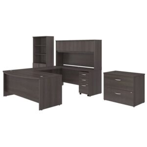 studio c 72w x 36d u shaped desk with hutch, bookcase and file cabinets in storm gray