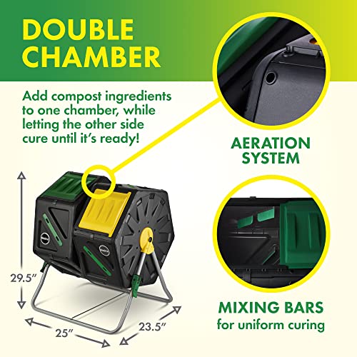 Dual Chamber Compost Tumbler – Easy-Turn, Fast-Working System – All-Season, Heavy-Duty, High Volume Composter with 2 Sliding Doors - (2 – 18.5gallon /70 Liter)