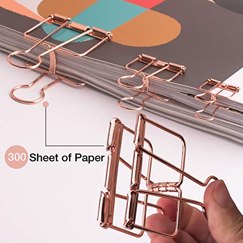 Rose Gold Wire Binder Clips and Cute Paper Clips Set Assorted Sizes, 2 Large 6 Medium 10 Small Smooth Stainless Hollow Office Clamp Clips