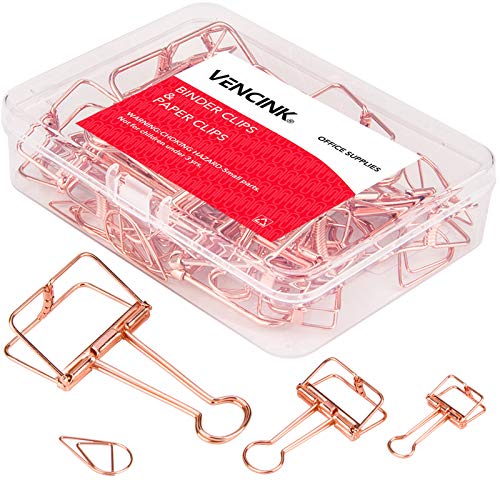 Rose Gold Wire Binder Clips and Cute Paper Clips Set Assorted Sizes, 2 Large 6 Medium 10 Small Smooth Stainless Hollow Office Clamp Clips