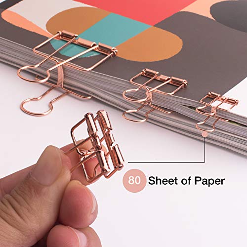 Rose Gold Wire Binder Clips and Cute Paper Clips Set Assorted Sizes, 2 Large 6 Medium 10 Small Smooth Stainless Hollow Office Clamp Clips