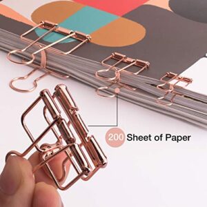 Rose Gold Wire Binder Clips and Cute Paper Clips Set Assorted Sizes, 2 Large 6 Medium 10 Small Smooth Stainless Hollow Office Clamp Clips