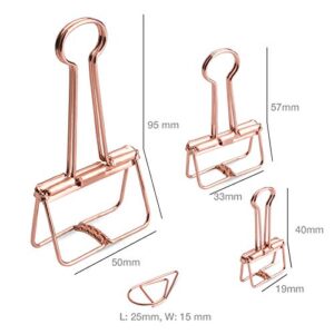 Rose Gold Wire Binder Clips and Cute Paper Clips Set Assorted Sizes, 2 Large 6 Medium 10 Small Smooth Stainless Hollow Office Clamp Clips