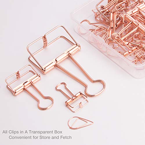 Rose Gold Wire Binder Clips and Cute Paper Clips Set Assorted Sizes, 2 Large 6 Medium 10 Small Smooth Stainless Hollow Office Clamp Clips