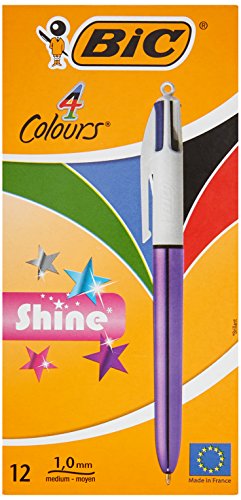 BIC 4 Colours Shine Ballpoint Pens - Metallic Purple Body, Box of 12