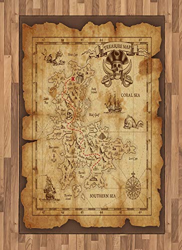 Ambesonne Island Map Area Rug, Super Detailed Treasure Map Grungy Rustic Pirates Gold Secret Sea History Theme, Flat Woven Accent Rug for Living Room Bedroom Dining Room, 4' X 5.7', Beige Brown