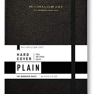 Minimalism Art, Premium Hard Cover Notebook Journal, X-Large Size, Master A4 8.3" x 11.4", 186 Numbered Pages, Gusseted Pocket, Ribbon Bookmark, Extra Thick Ink-Proof Paper 120gsm (Plain, Black)