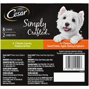 CESAR Simply Crafted Adult Wet Dog Food Meal Topper Variety Pack, Chicken, Carrots, Potatoes & Peas and Chicken, Sweet Potato, Apple, Barley & Spinach, (8) 1.3 oz. Tubs