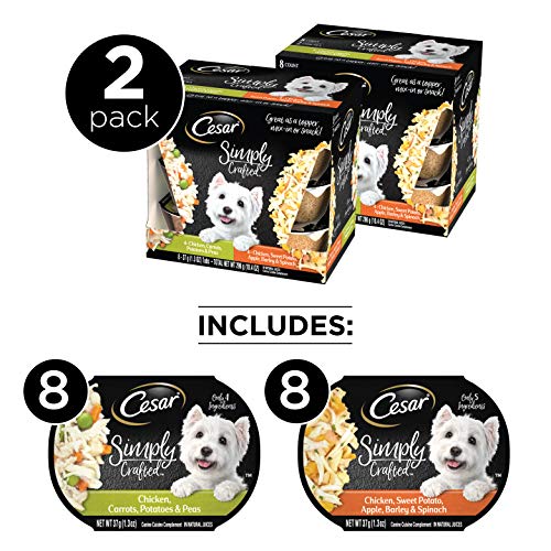 CESAR Simply Crafted Adult Wet Dog Food Meal Topper Variety Pack, Chicken, Carrots, Potatoes & Peas and Chicken, Sweet Potato, Apple, Barley & Spinach, (8) 1.3 oz. Tubs