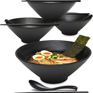 4 Sets (12 Piece) 57 Ounce Large Japanese Ramen Noodle Soup Bowl Melamine Hard Plastic Dishware Ramen Bowl Set with Matching Spoon and Chopsticks for Udon Soba Pho Asian Noodles (4, Black, 9 inches)