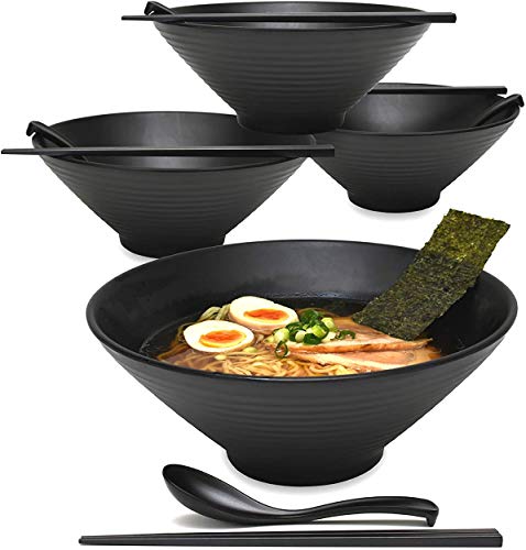 4 Sets (12 Piece) 57 Ounce Large Japanese Ramen Noodle Soup Bowl Melamine Hard Plastic Dishware Ramen Bowl Set with Matching Spoon and Chopsticks for Udon Soba Pho Asian Noodles (4, Black, 9 inches)