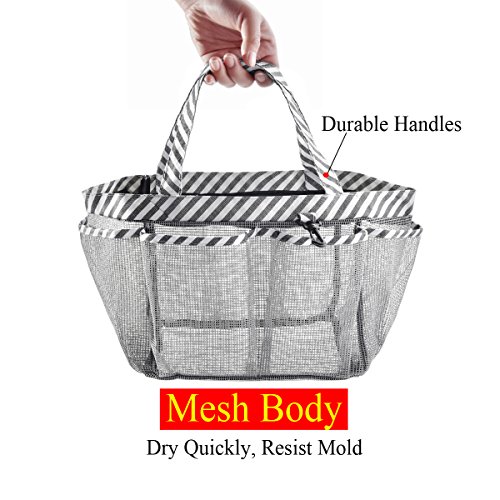 Haundry Mesh Shower Caddy Bag, Portable College Dorm Bathroom Tote, Quick Dry Holder for Camp Gym, 8 Basket Pockets with Key Hook and 2 Oxford Handles, Gray